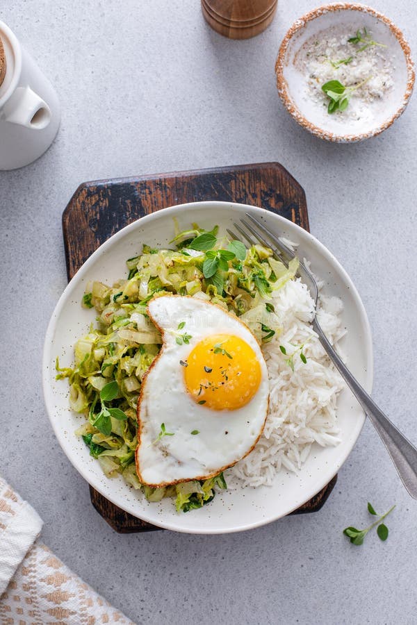 Rice Bowl with Sauteed Cabbage and Fried Egg, Healthy Lunch or ...
