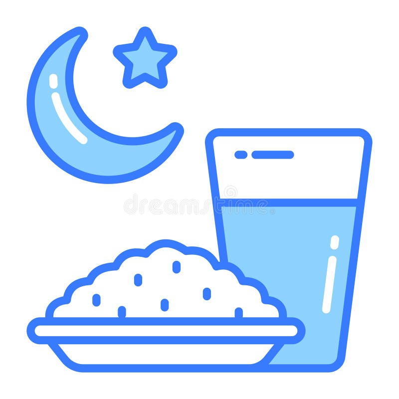 Rice Bowl with Water Glass and Crescent Moon Vector of Iftar Icon Stock ...