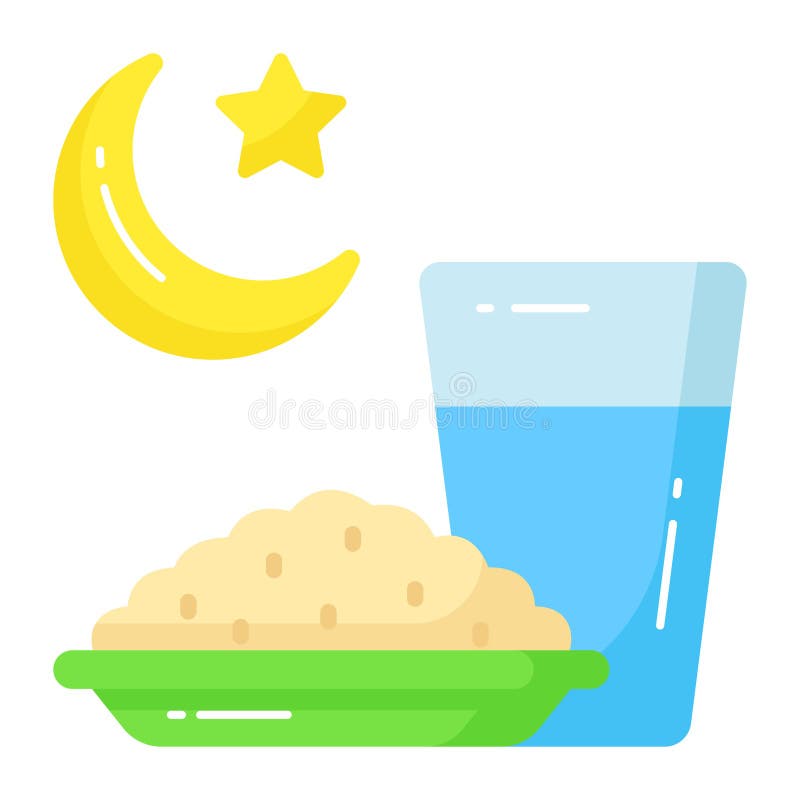 Rice Bowl with Water Glass and Crescent Moon Vector of Iftar Icon Stock ...