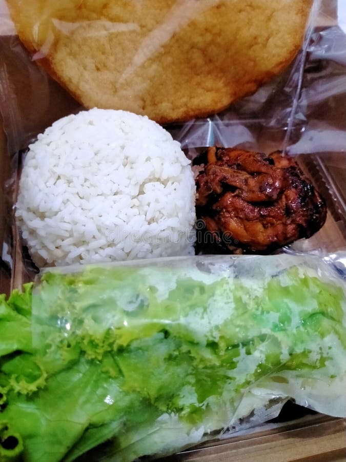 Rice Box with Side Dishes of Chicken, Vegetables and Crackers Stock ...