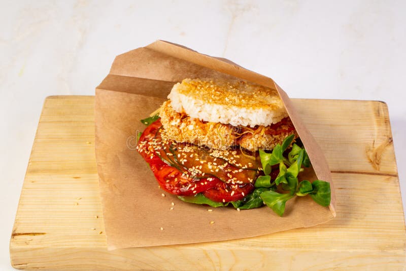 Rice burger with chicken stock image. Image of sandwich - 120051397