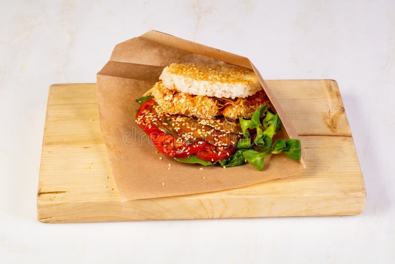 Rice burger with chicken stock photo. Image of sushi - 120779248