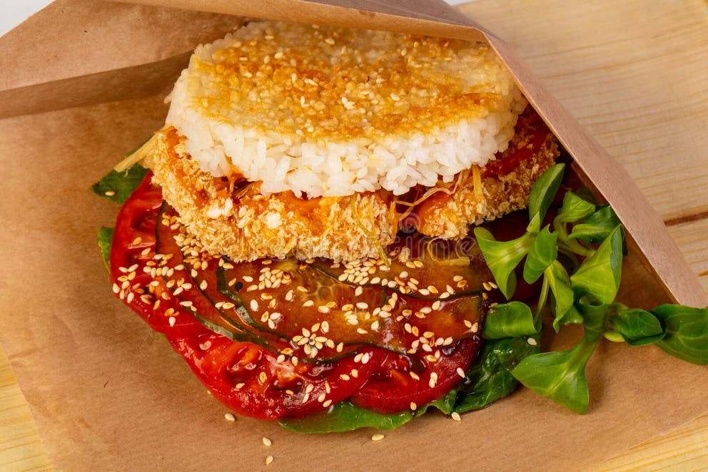 Rice burger with chicken stock photo. Image of healthy - 125105174