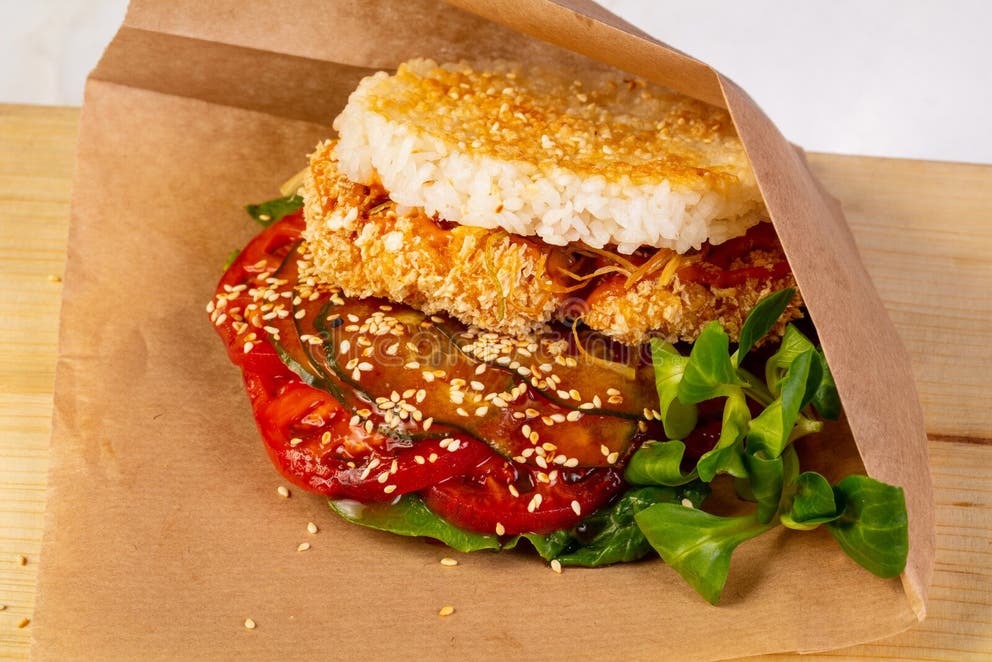 Rice burger with chicken stock image. Image of japanese - 128554053