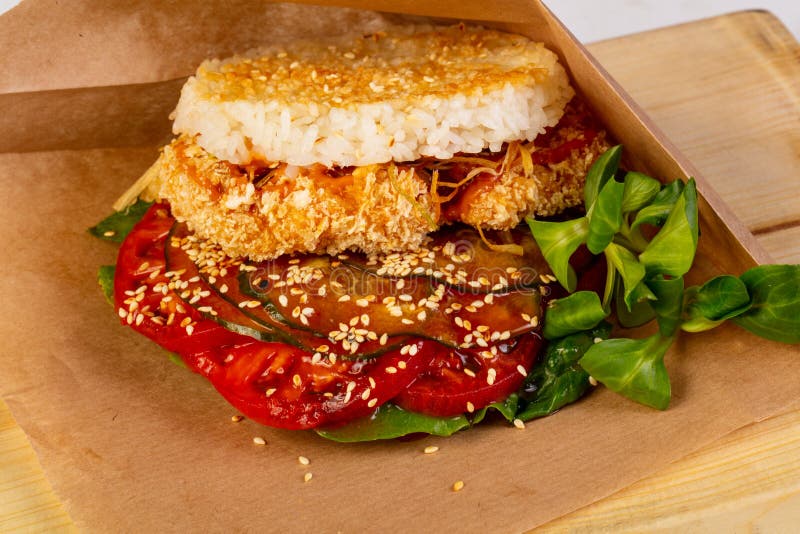 Rice burger with chicken stock photo. Image of salmon - 125611518