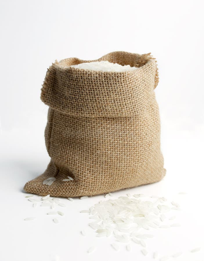 Rice in burlap sack stock photo. Image of seed, white - 45261208