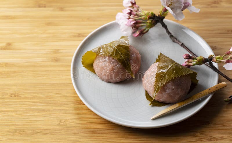 Rice Cake with Bean Paste Wrapped in a Preserved Cherry Leaf Stock ...