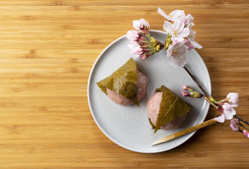 Rice Cake with Bean Paste Wrapped in a Preserved Cherry Leaf Stock ...
