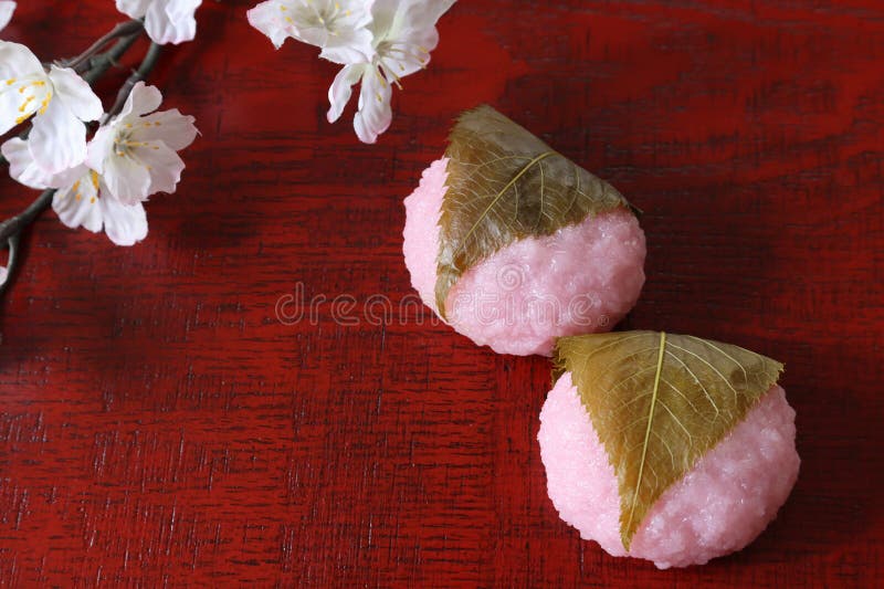 Rice Cake with Bean Paste Wrapped in a Preserved Cherry Leaf on a ...