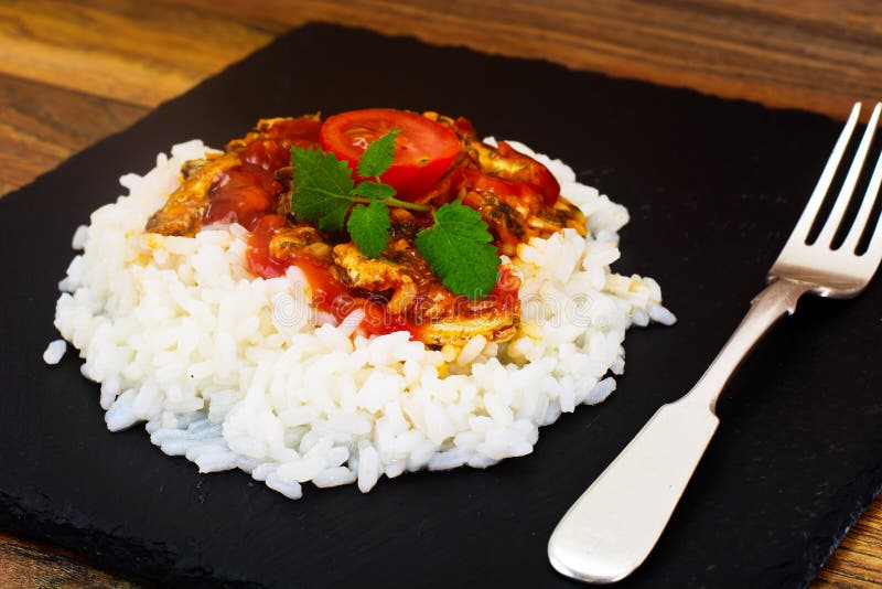 Rice with Canned Fish in Tomato Sauce Stock Photo - Image of dining ...