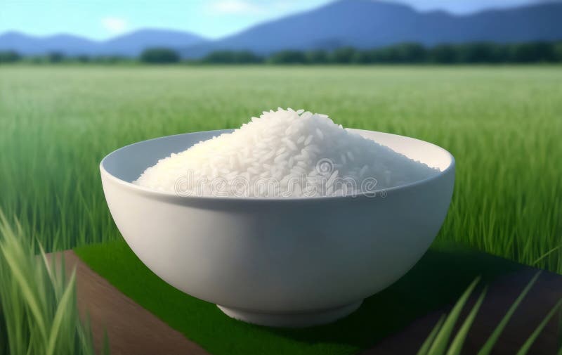 Rice in a Ceramic Bowl with Rice Field, Generative AI Illustration ...