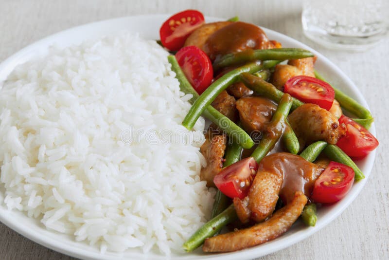 Rice with Chicken Fillet Green Beans Tomato and Sauce Stock Image ...