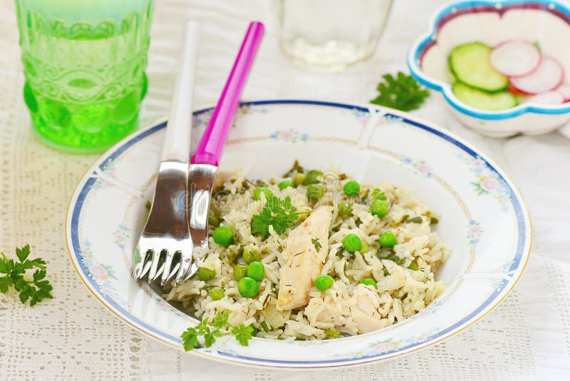 Rice with Chicken and Green Pea Stock Photo - Image of arroz, rice ...
