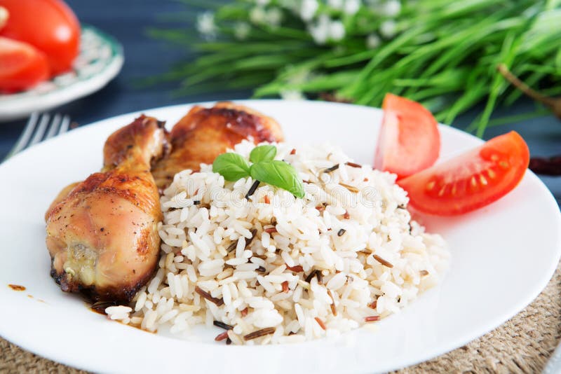 Rice with Chicken on a Serving Gray Table Stock Photo - Image of ...