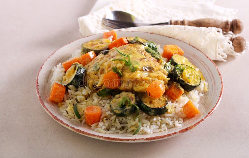 Rice and Chicken Thigh with Zucchini and Carrot Stock Image - Image of ...