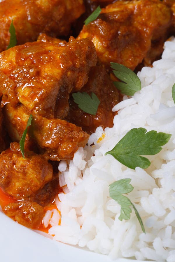 Rice and Chunks of Chicken Curry Macro Vertical Stock Image - Image of ...