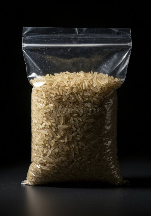 Rice in Clear Plastic Bag Close Up Isolated on Dark Background Stock ...