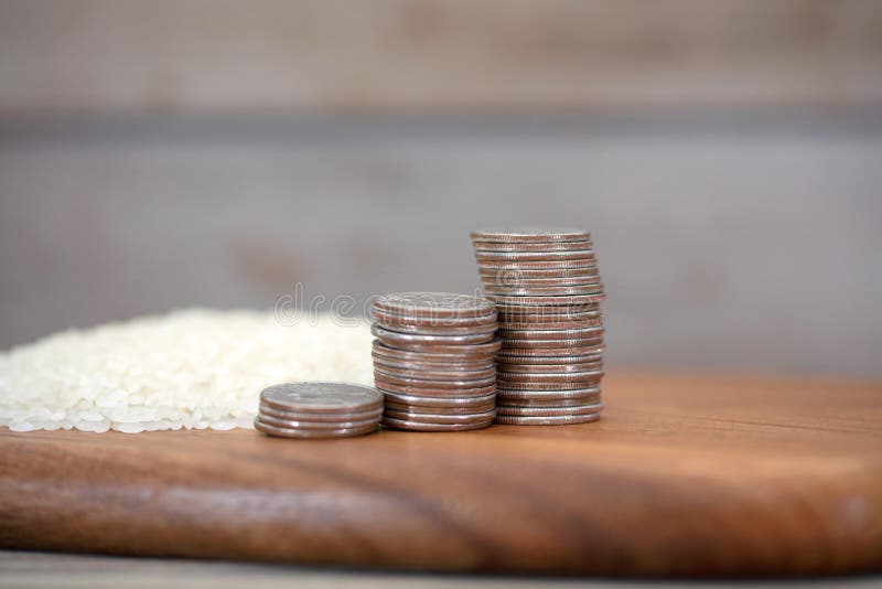 Rice and Coins on Chopping Board Stock Photo - Image of white, increase ...