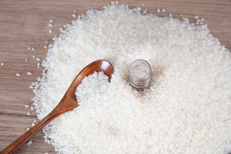 Rice and coins on table stock photo. Image of agriculture - 253386082