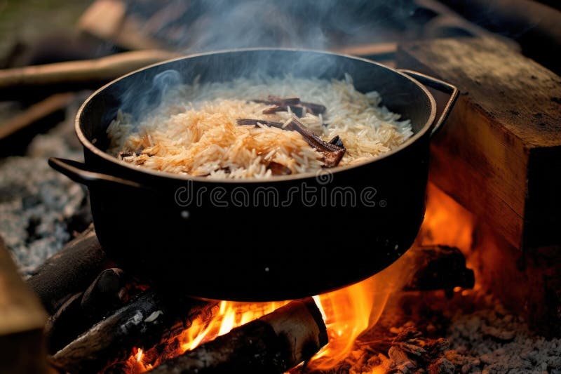 Rice Cooking in a Pot Over Campfire Flames Stock Illustration ...