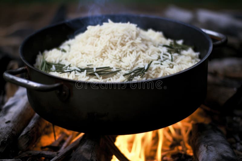 Rice Cooking in a Pot Over Campfire Flames Stock Illustration ...