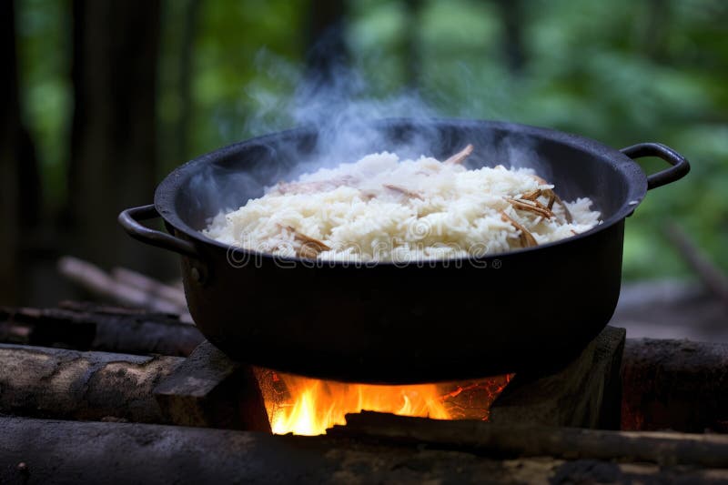 Rice Cooking Process in an Open Pot Over a Campfire Stock Illustration ...
