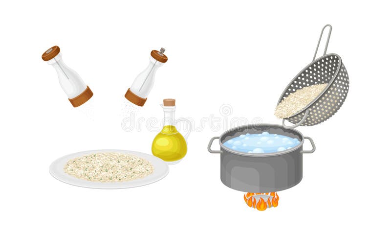 Cooking Rice Process with Mixing Grain in Saucepan Standing on Burner ...