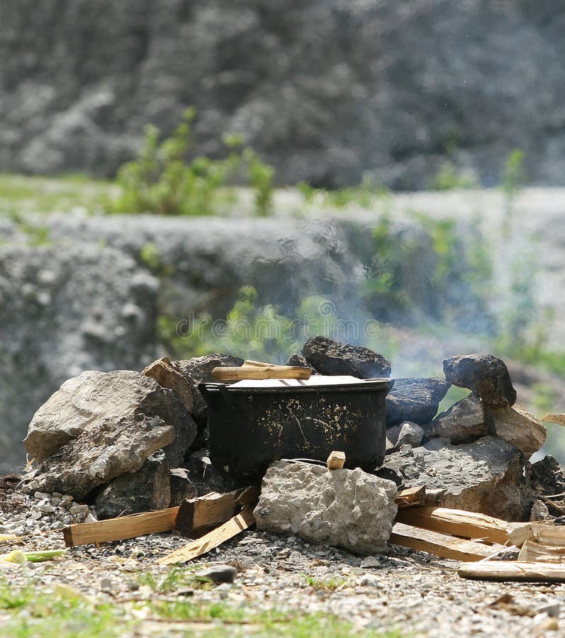 Rice Cooking in Traditional Way Stock Photo - Image of spoon ...