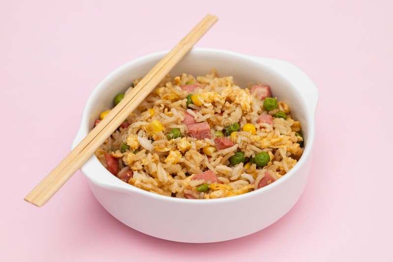 Rice with Corn. Peas, Ham on White Bowl Stock Photo - Image of sauce ...