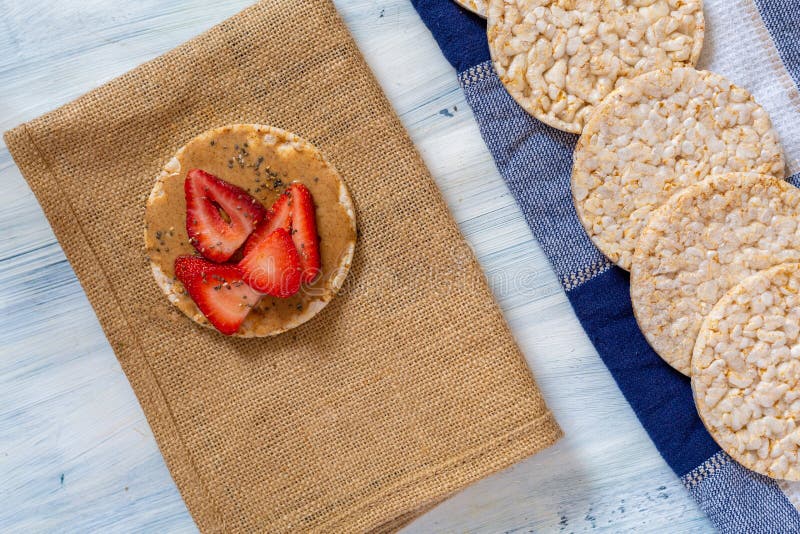 Rice Crackers, Whit Fruits on Table Blue Stock Image - Image of organic ...