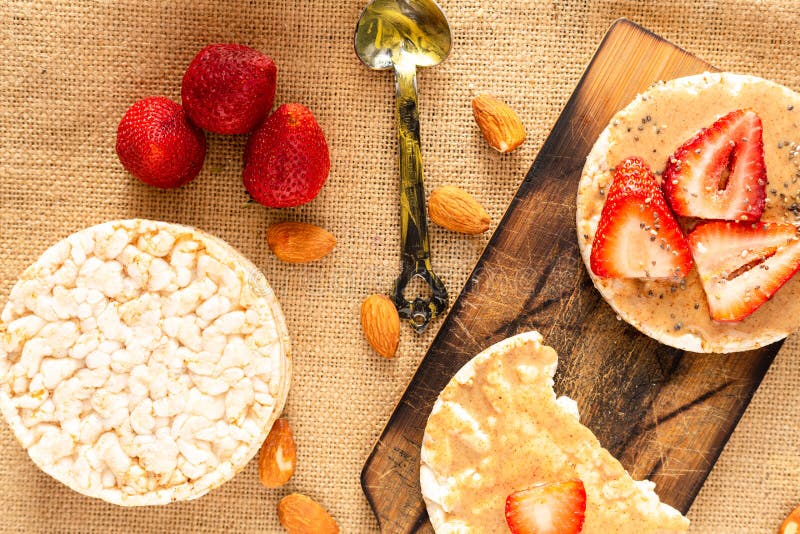 Rice Crackers, Whit Fruits on Table Blue Stock Photo - Image of oatmeal ...