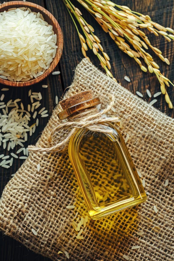 Rice Essential Oil on the Background of Burlap Top View Stock Photo ...