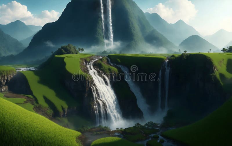 Rice Field with Mountain and Waterfall, Generative AI Illustration ...