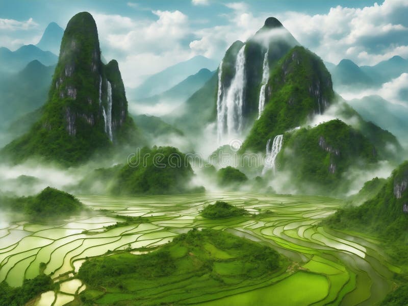Rice Field with Mountain and Waterfall, Generative AI Illustration ...