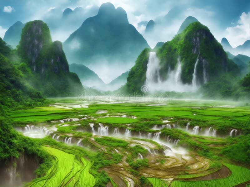 Rice Field with Mountain and Waterfall in Thailand, Generative AI ...
