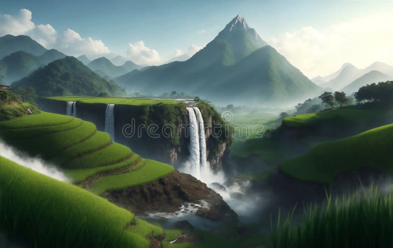 Rice Field with Mountain and Waterfall in Thailand, Generative AI ...