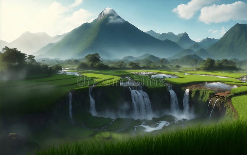 Rice Field with Mountain and Waterfall in Thailand, Generative AI ...