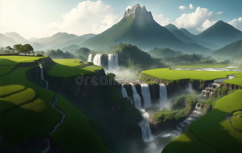 Rice Field with Mountain and Waterfall in Thailand, Generative AI ...