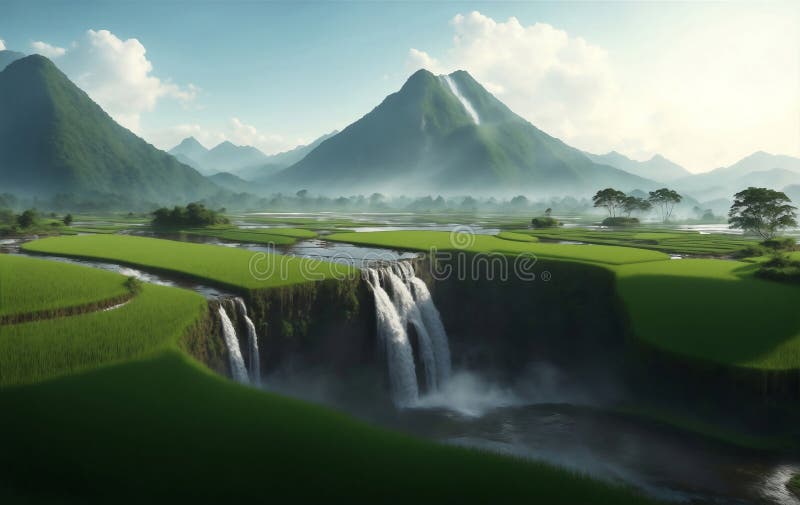 Rice Field with Mountain and Waterfall in Thailand, Generative AI ...