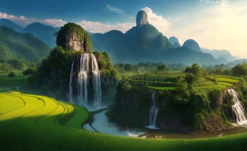 Rice Field with Mountain and Waterfall in Thailand, Generative AI ...