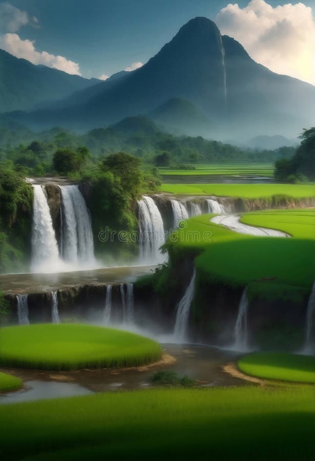 Rice Field with Mountain and Waterfall in Thailand, Generative AI ...
