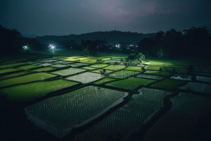 Rice Field during Night Time. Stock Illustration - Illustration of ...