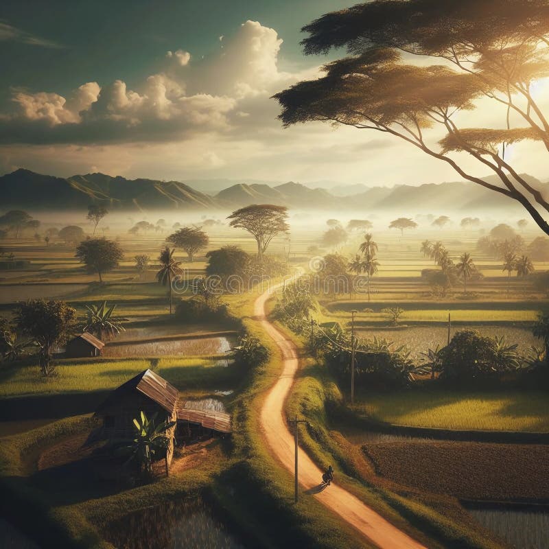 Rice Field at Sunrise in Bali Island, 3D Rendering Stock Illustration ...