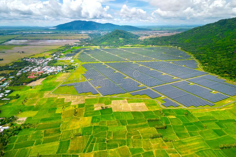 Rice Fields Interspersed with Solar Power Fields in the Morning, Stock ...