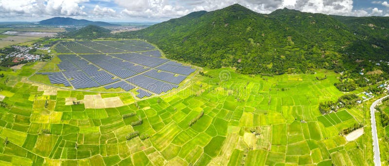 Rice Fields Interspersed with Solar Power Fields in the Morning, Stock ...