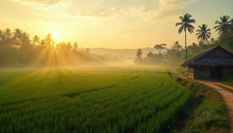 Rice Fields Bathed in the Light of the Rising Sun Stock Illustration ...