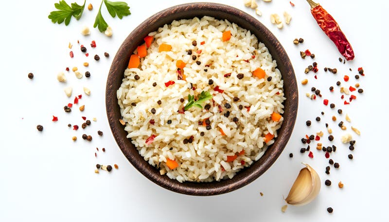 Rice with Filling in Bowl Isolated on White, Top View Stock Image ...