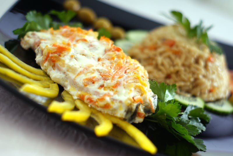 Rice and fish stock image. Image of food, garnish, parsley - 84148173