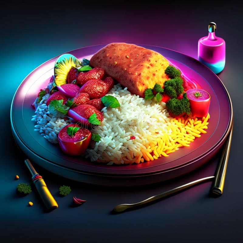 Rice with Fish and Vegetables on a Plate. 3d Rendering Generative AI ...