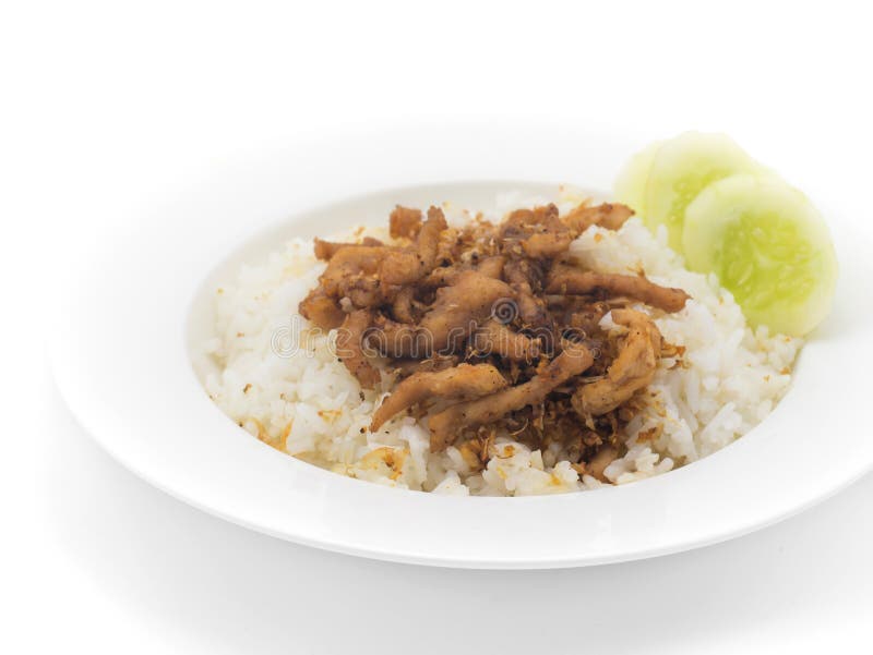Rice with Garlic Chicken Fried on White Plate. Stock Photo - Image of ...